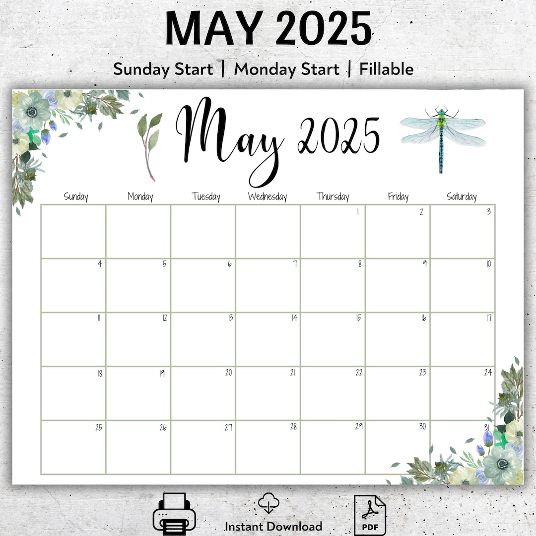 Editable/printable May 2025 Calendar, Green Flowers, Beautiful ...