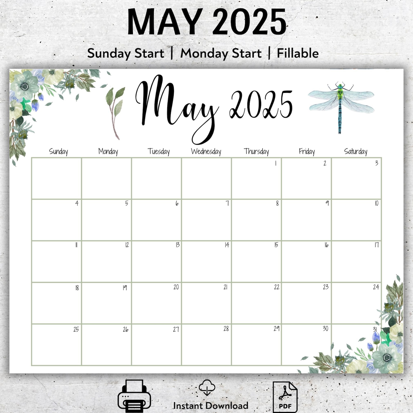 Editable/printable May 2025 Calendar, Green Flowers, Beautiful ...