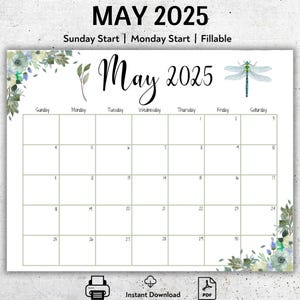 Editable/printable May 2025 Calendar, Green Flowers, Beautiful ...