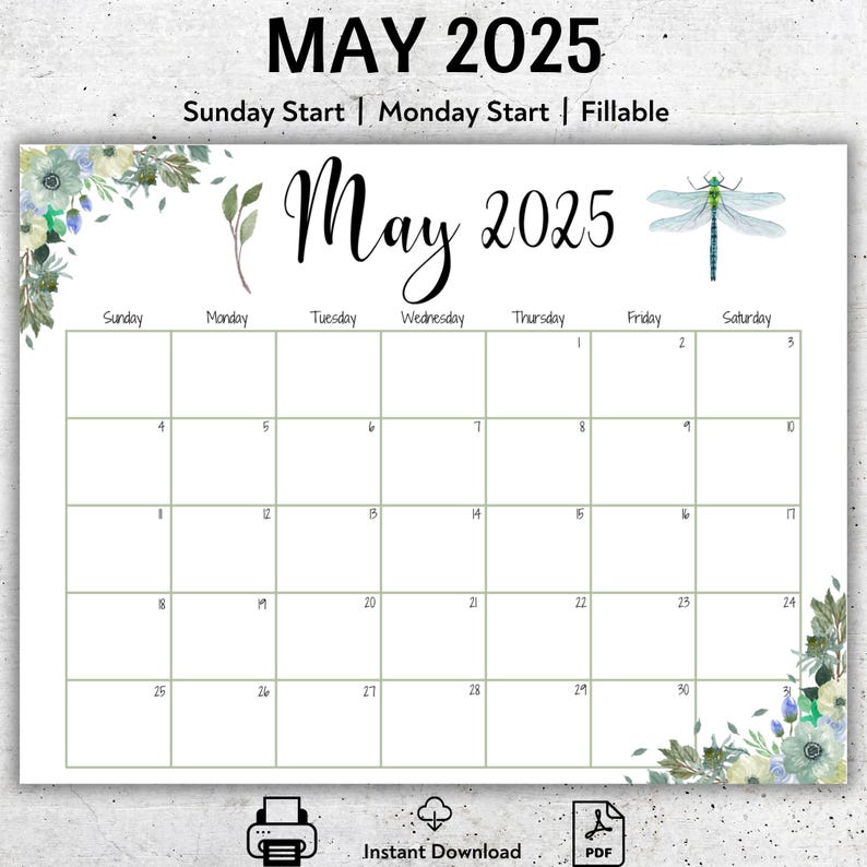 Editable/printable May 2025 Calendar, Green Flowers, Beautiful ...