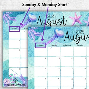 EDITABLE August 2025 Calendar, Beautiful Blue Sea, Starfish, Jellyfish ...