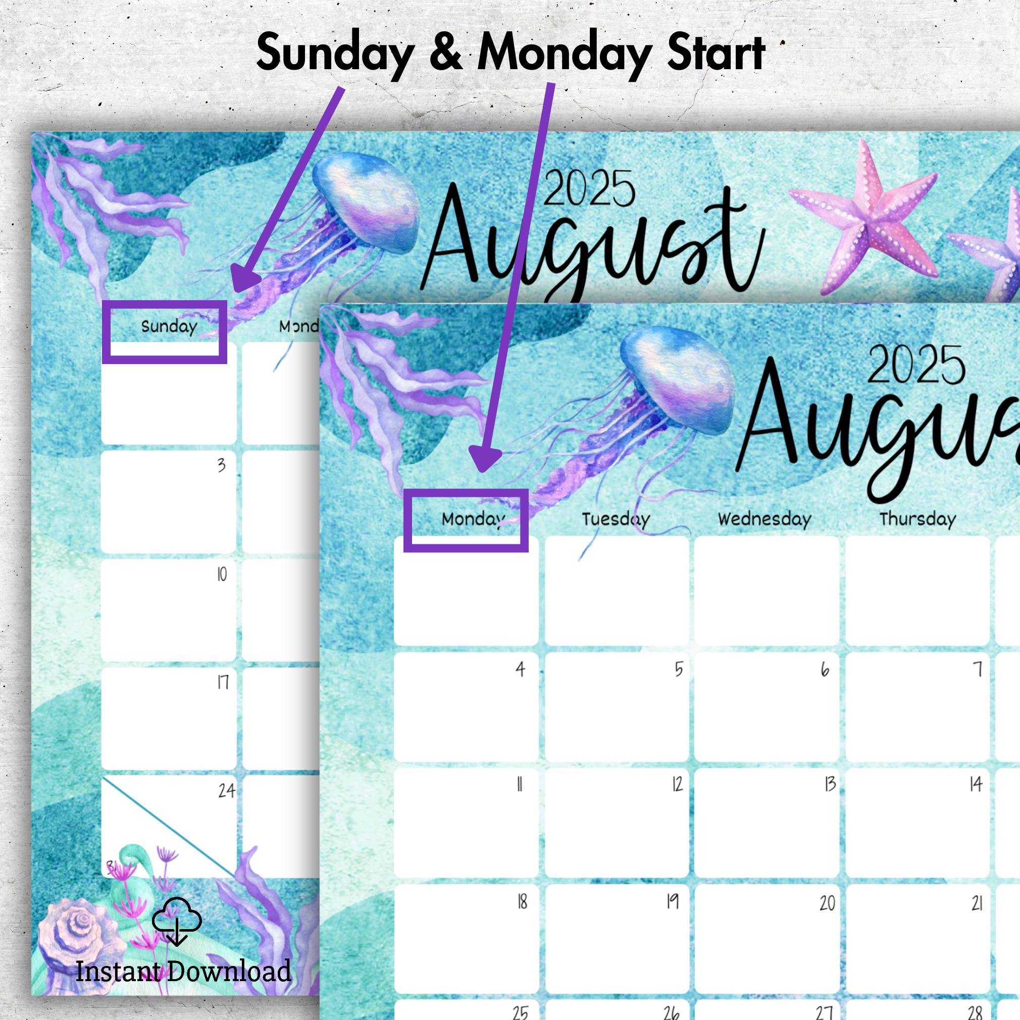 EDITABLE August 2025 Calendar, Beautiful Blue Sea, Starfish, Jellyfish ...