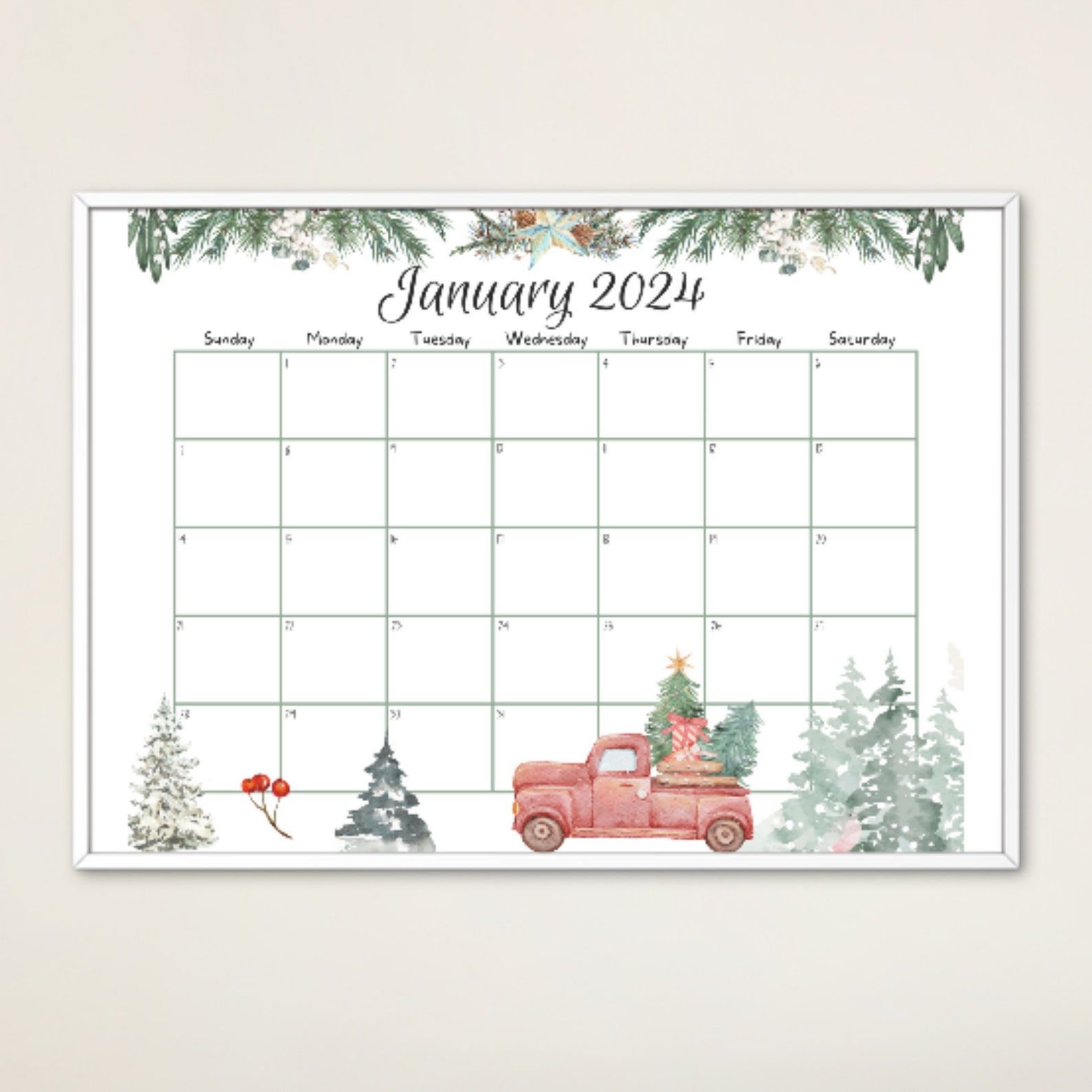 EDITABLE January 2024 Calendar, Snowy Pine Trees, Old Red Truck ...