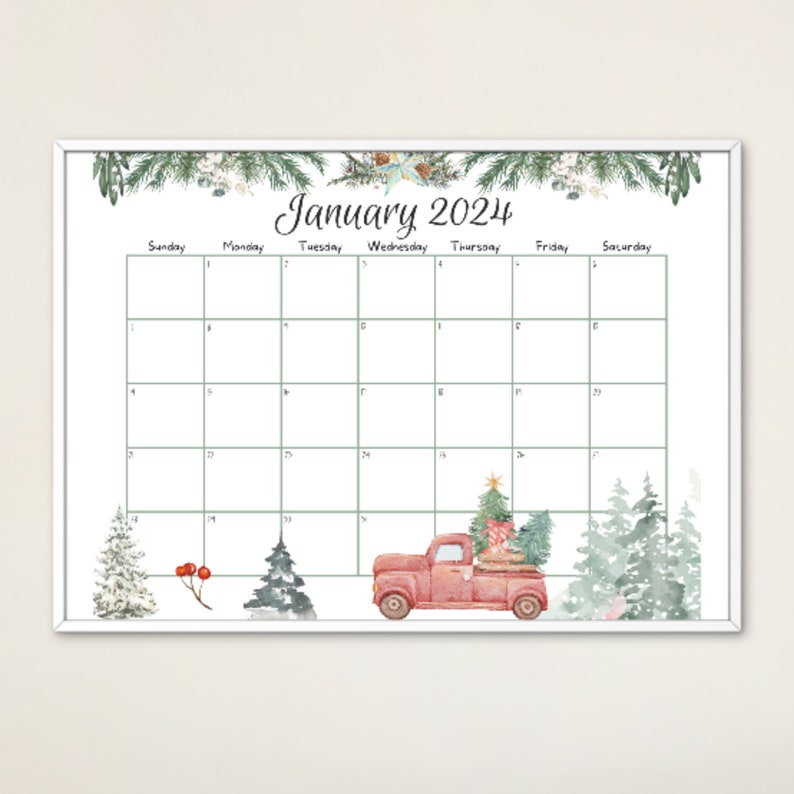 EDITABLE January 2024 Calendar, Snowy Pine Trees, Old Red Truck ...