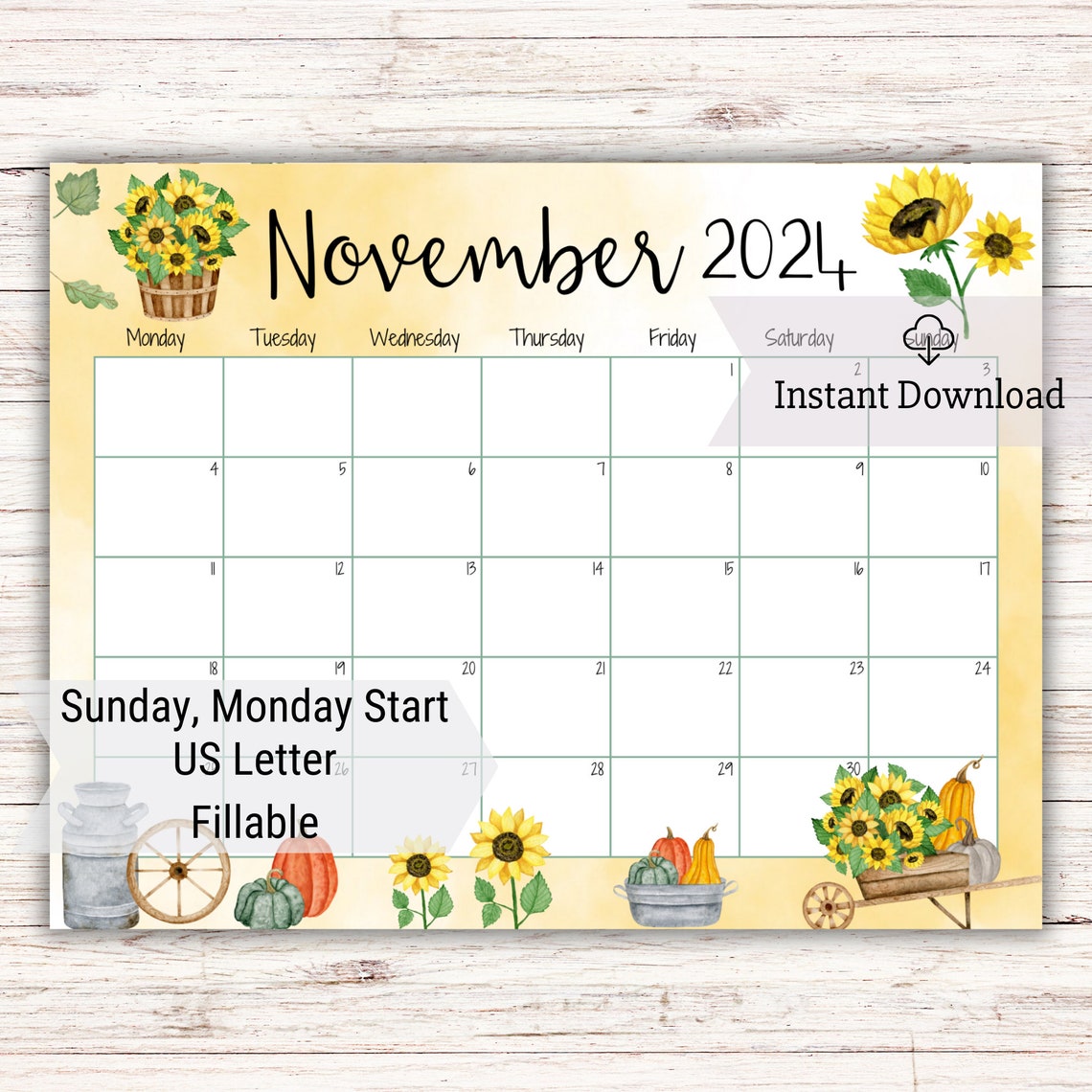 EDITABLE November 2024 Calendar, Printable Planner, Fillable Calendar ...