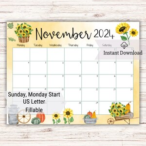 EDITABLE November 2024 Calendar, Printable Planner, Fillable Calendar ...