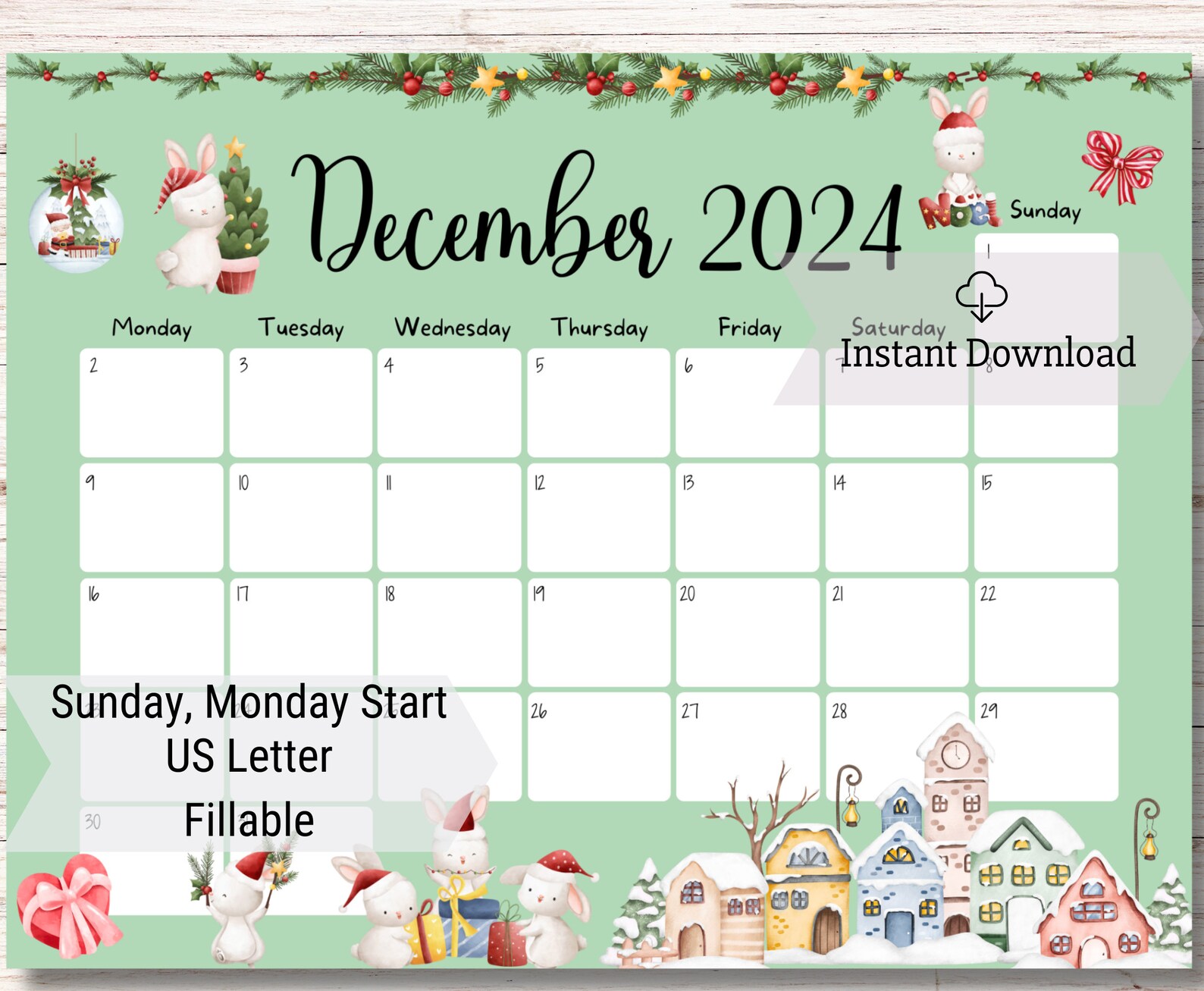 EDITABLE December 2024 Calendar, Beautiful Winter, Cute Rabbits ...