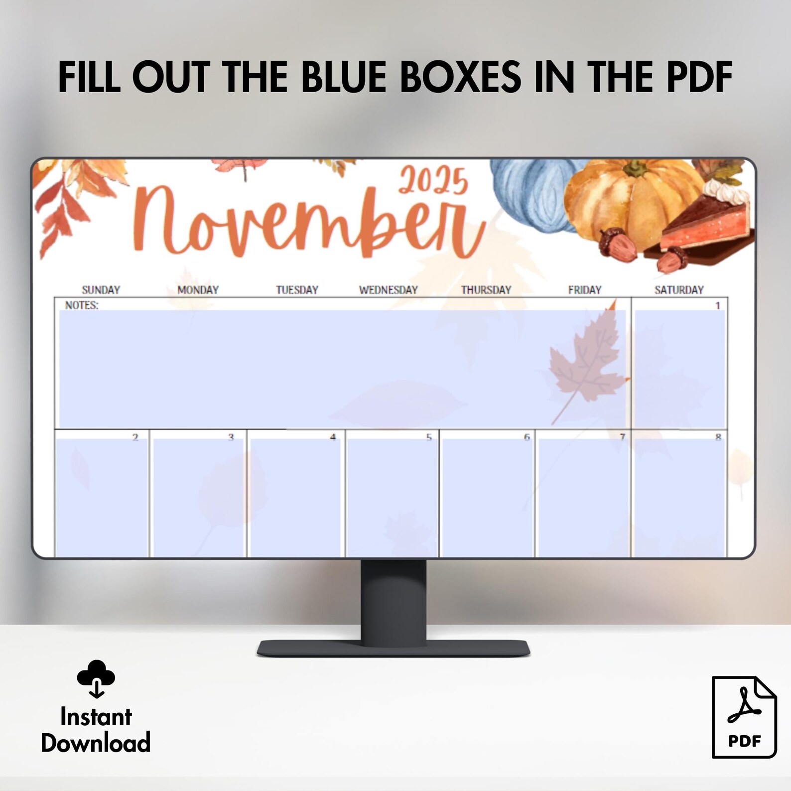 EDITABLE November 2025 Calendar, Beautiful Fall and Pumpkins, College ...