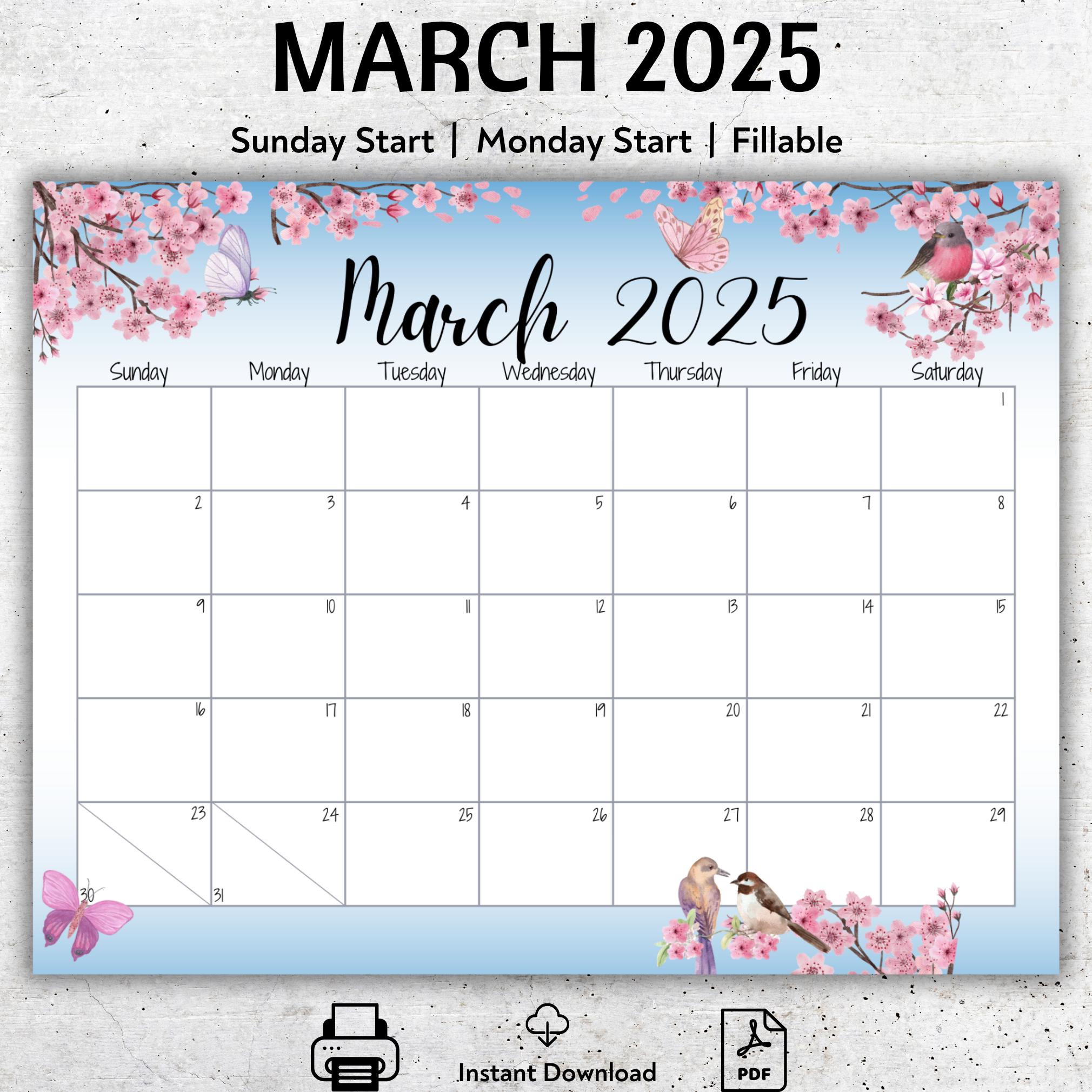 Editable 2025 March Calendar, Beautiful Spring, Cute Birds, Butterflies ...
