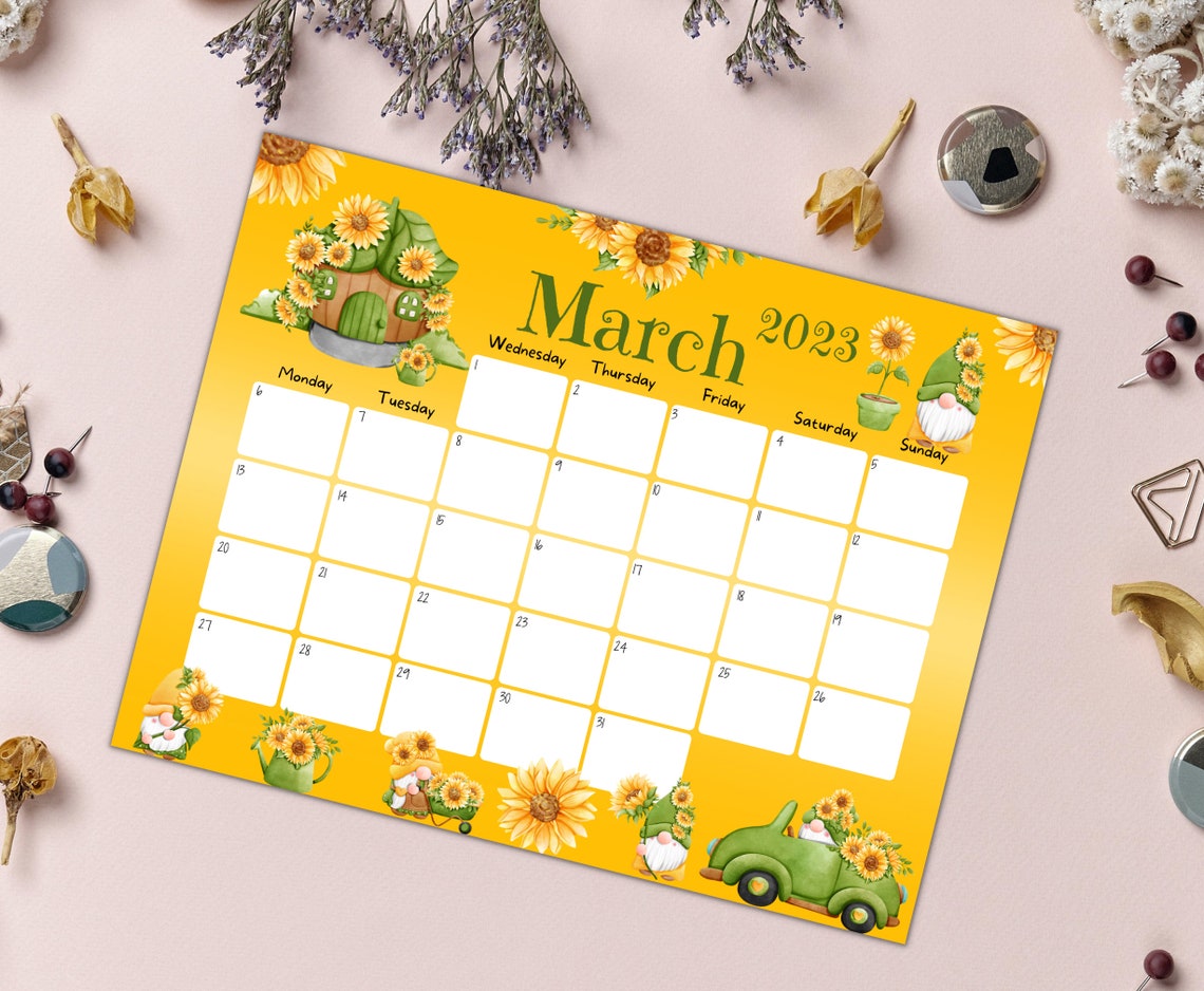 EDITABLE March 2023 Calendar Sunflower Gnome Happy - Etsy