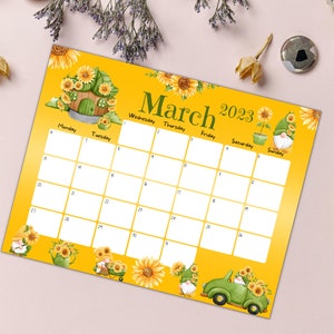EDITABLE March 2023 Calendar Sunflower Gnome Happy - Etsy