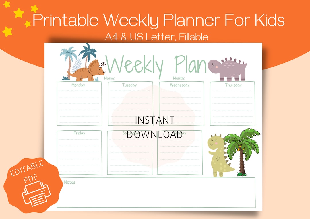Daily & Weekly Kids Planner, Dinosaur Design, Kids Daily Schedule, Cute ...