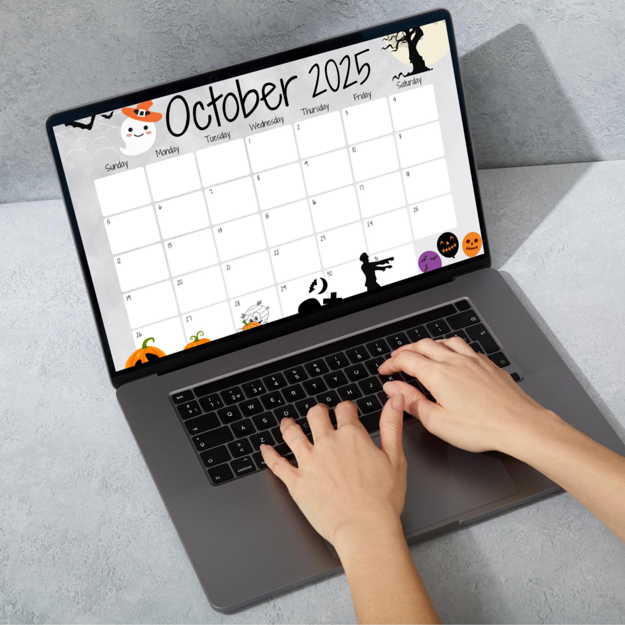 EDITABLE October 2025 Calendar, Happy Halloween, Pretty Ghost, Cute ...