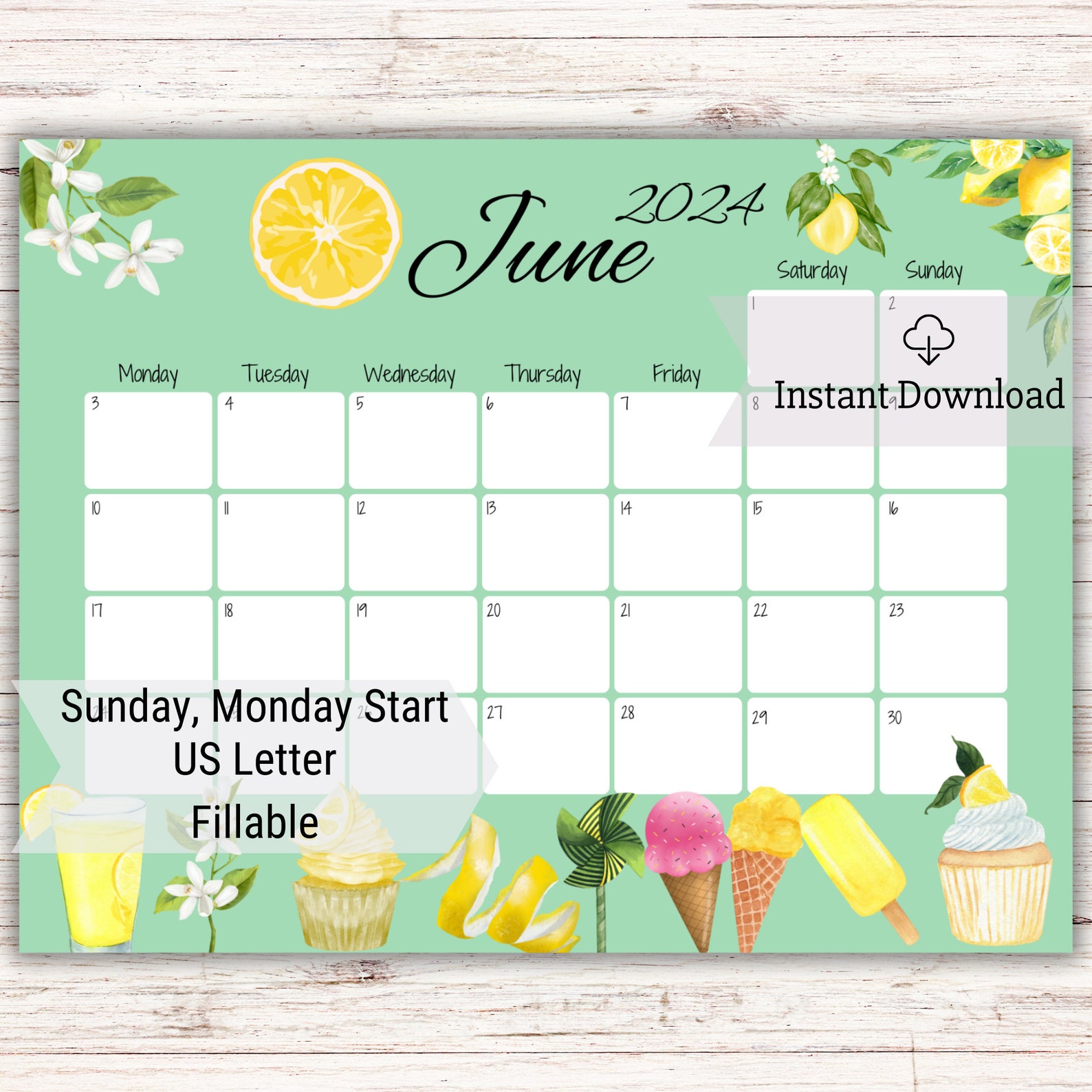 EDITABLE June 2024 Calendar, Yellow Lemons, Delicious Ice Creams, Green ...