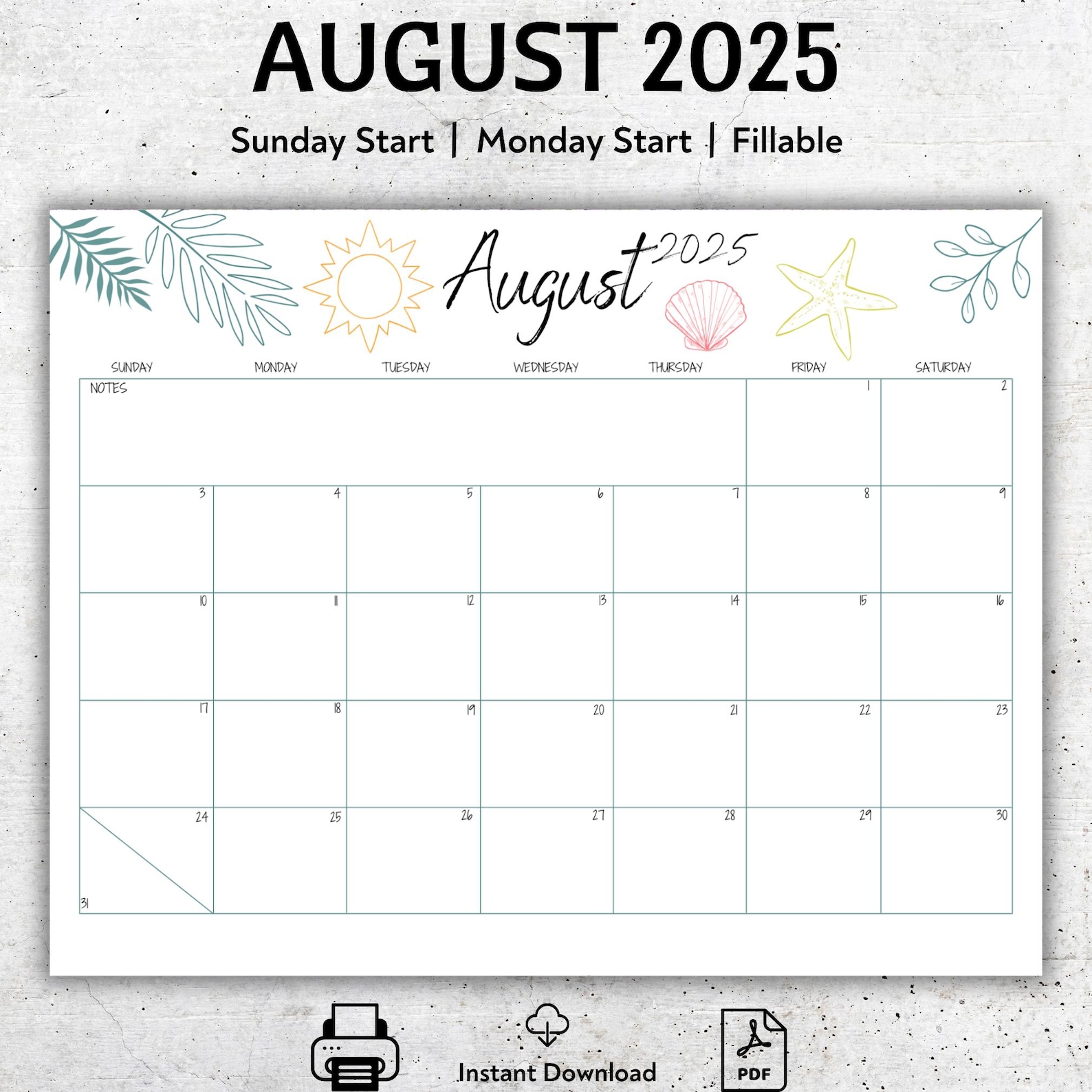 August 2025 Calendar Printable, Minimalist Beach Design, Editable PDF ...