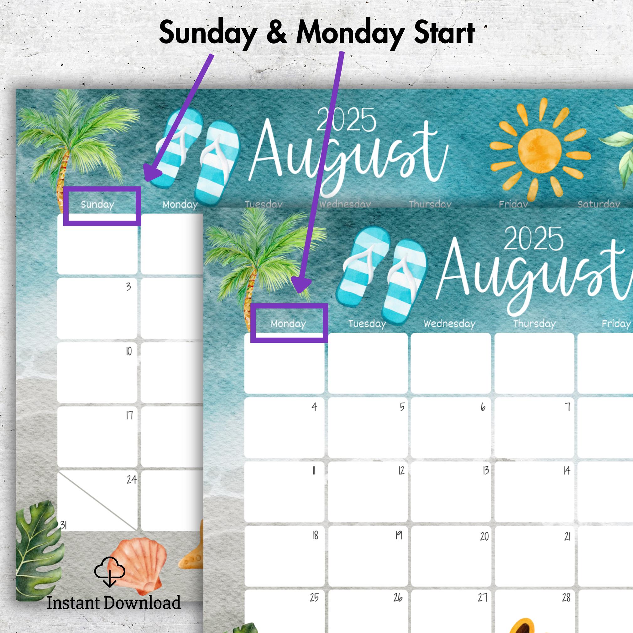 EDITABLE August 2025 Calendar, Beautiful Summer, Beach, Sun, Flip Flops ...