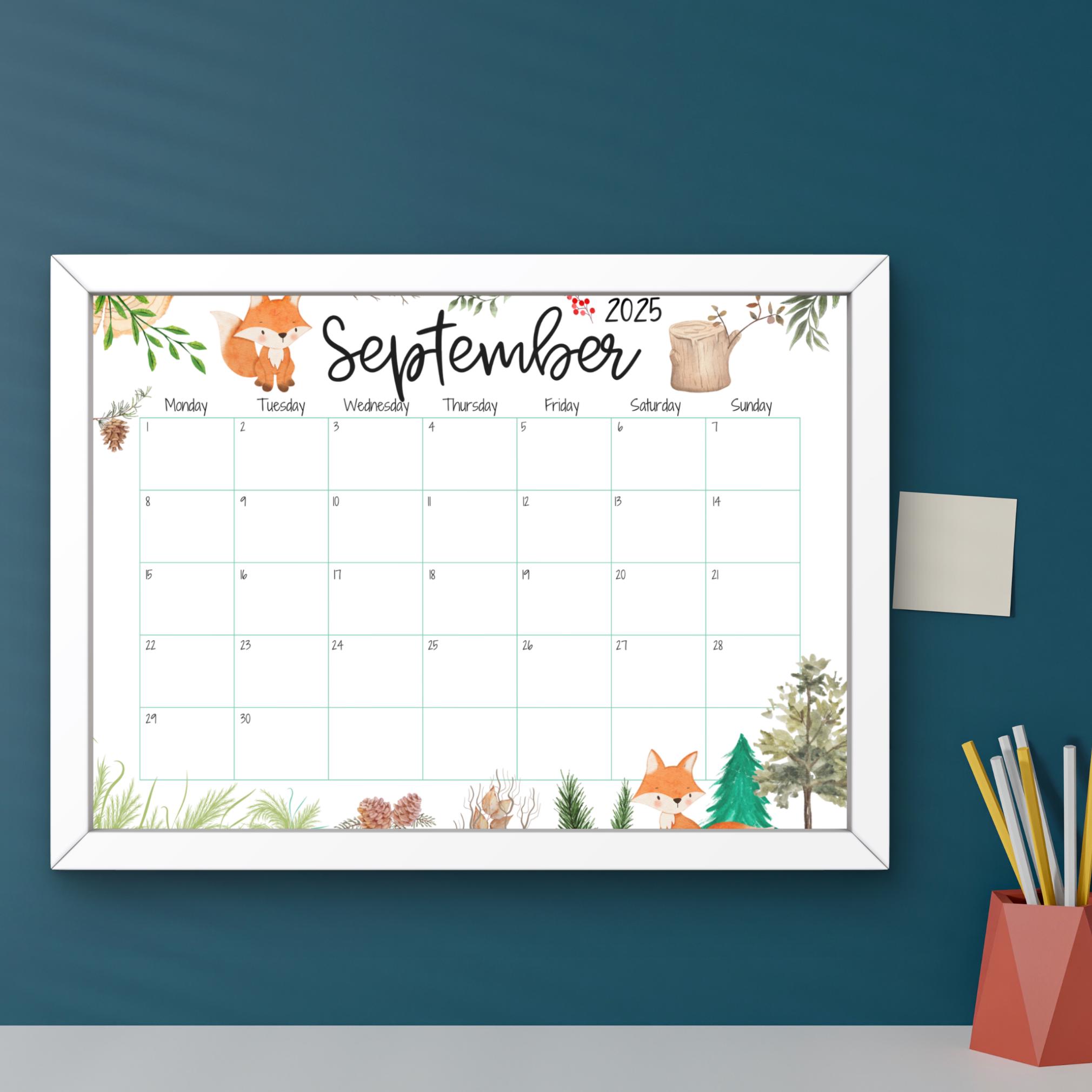 EDITABLE September 2025 Calendar, Back to School, Cute Fox, Beautiful ...