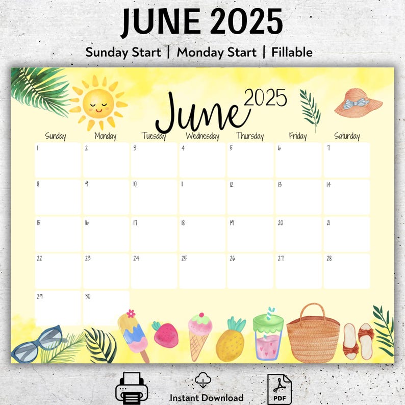 EDITABLE June 2025 Calendar, Beautiful Summer, Delicious Ice Creams ...