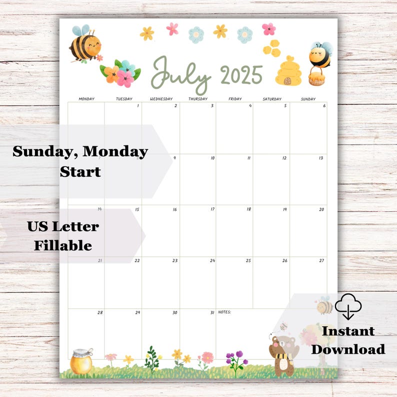 Bee-themed Printable Calendar July 2025, Cute Honey and Floral Monthly ...