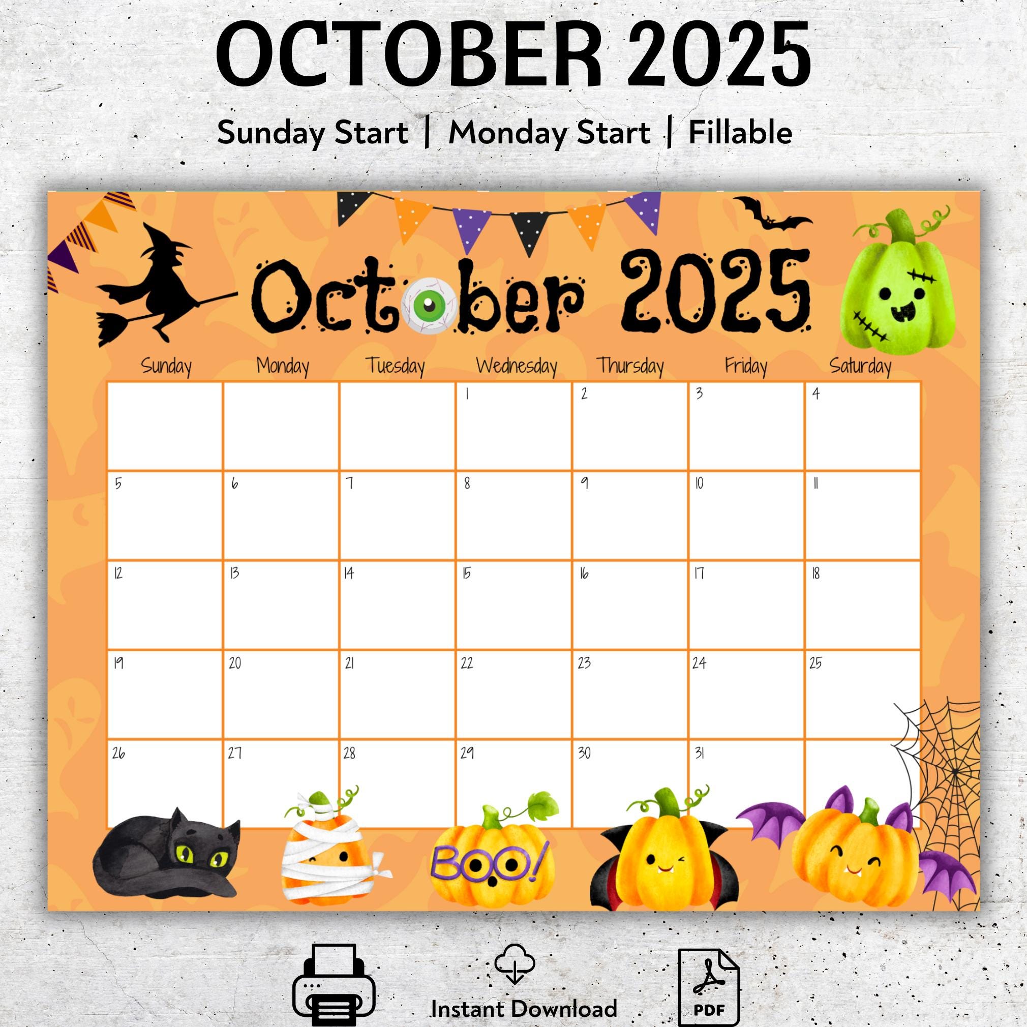 October 2025 Printable Calendar, Halloween Planner, Cute Spooky ...