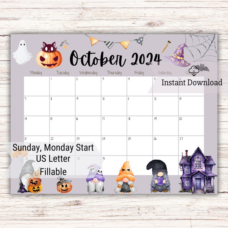 EDITABLE October 2024 Calendar, Happy Halloween, Pretty Ghost, Cute ...
