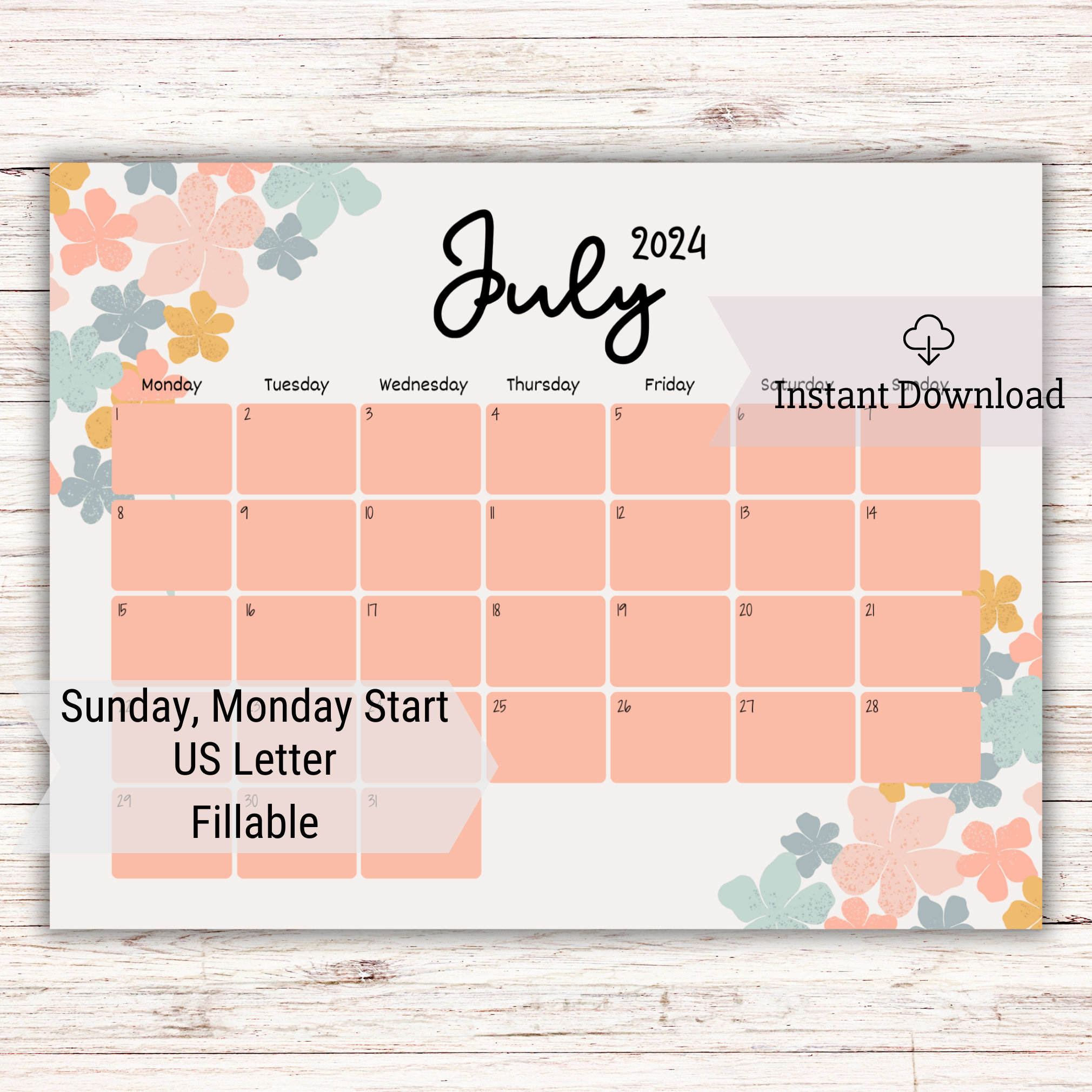 EDITABLE July 2024 Calendar, 2024 Summer Planner, July Monthly Schedule ...