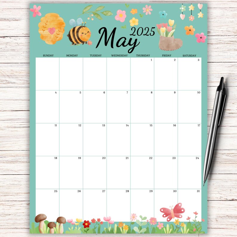 Editable May 2025 Calendar, May Monthly Schedule, Cute Bee, 2025 May ...