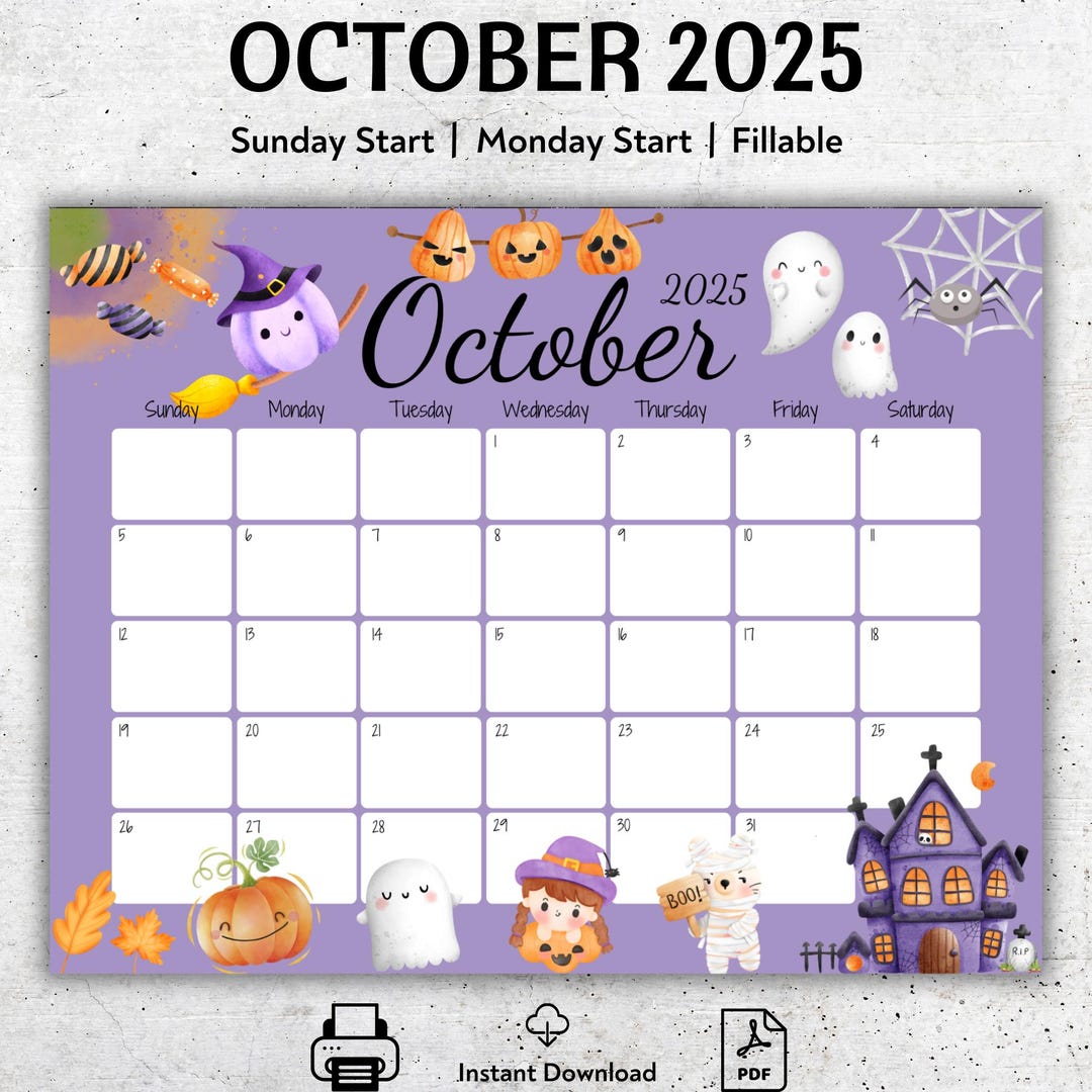 EDITABLE October 2025 Calendar, Happy Halloween, Pretty Ghost, Cute ...
