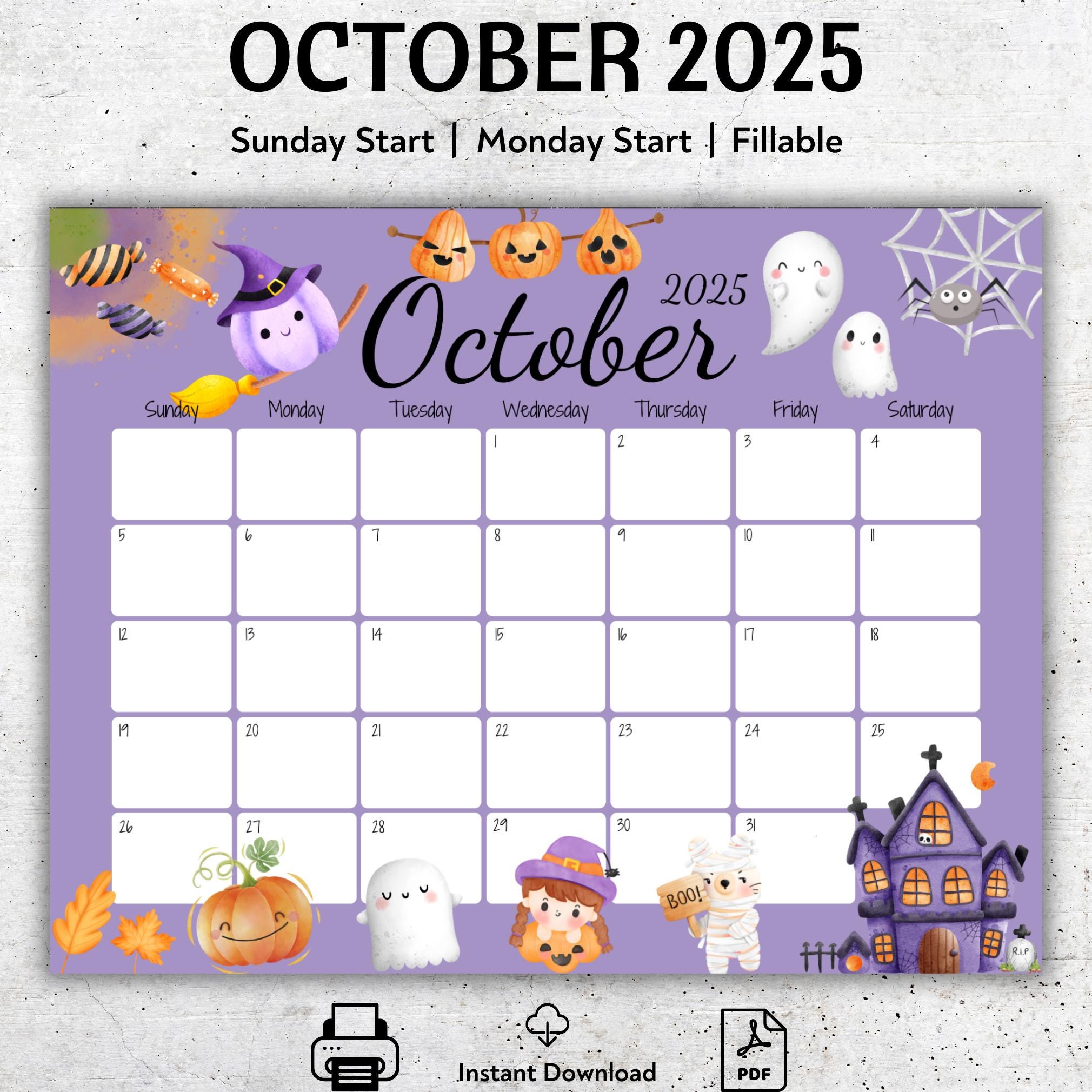 EDITABLE October 2025 Calendar, Happy Halloween, Pretty Ghost, Cute ...