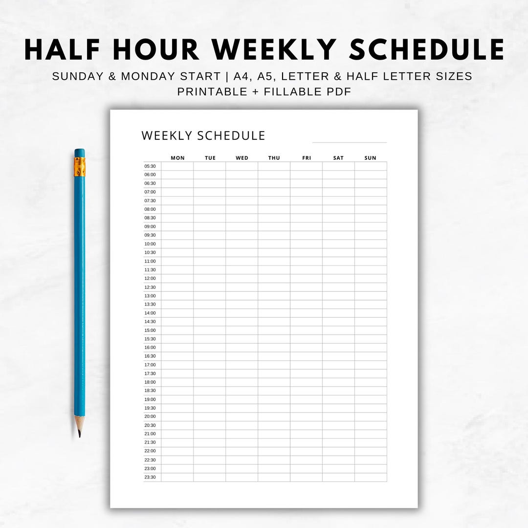 Half Hour Weekly Schedule, Printable Weekly Planner, Week at a Glance ...