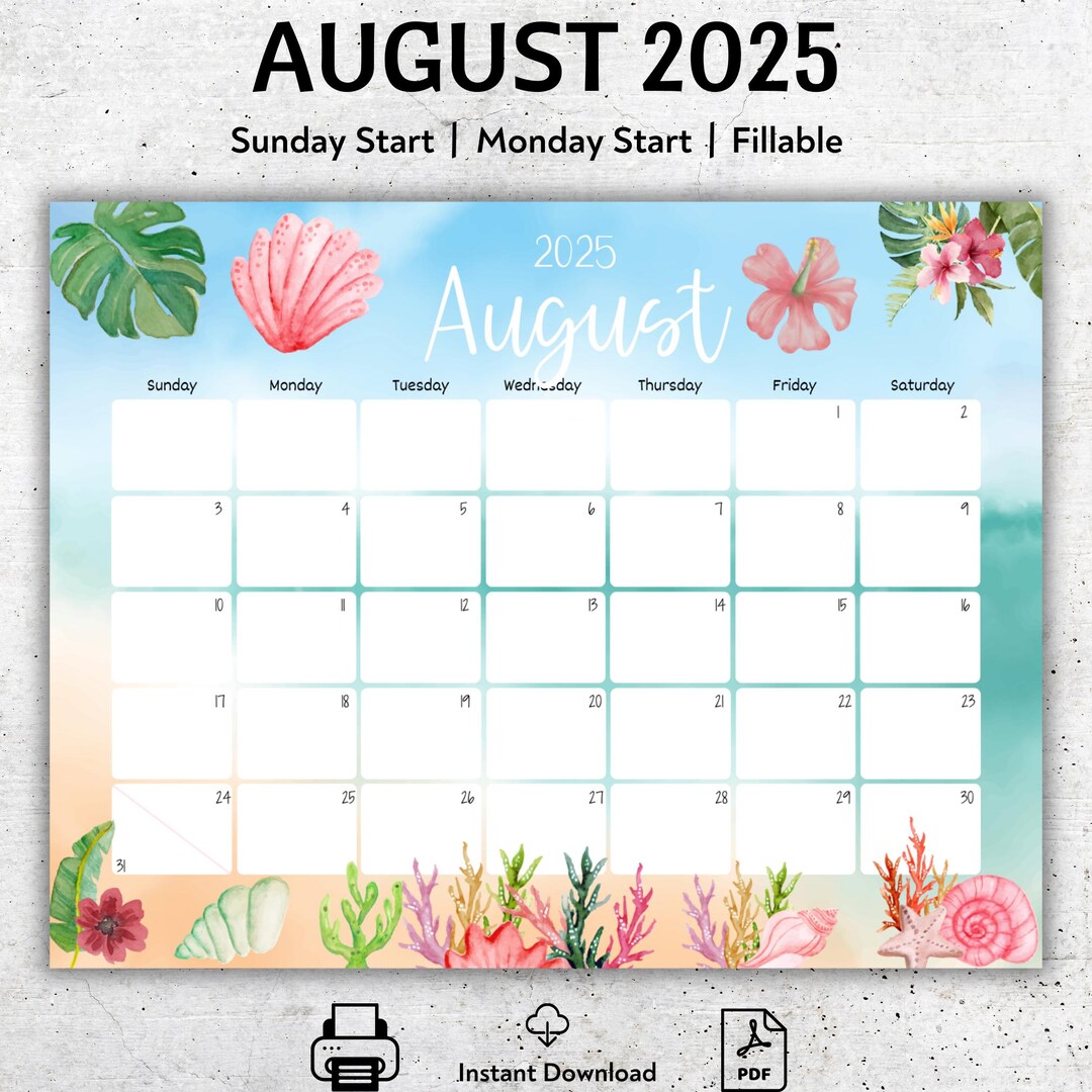 August 2025 Calendar Printable, Beach Theme Monthly Planner, Editable ...