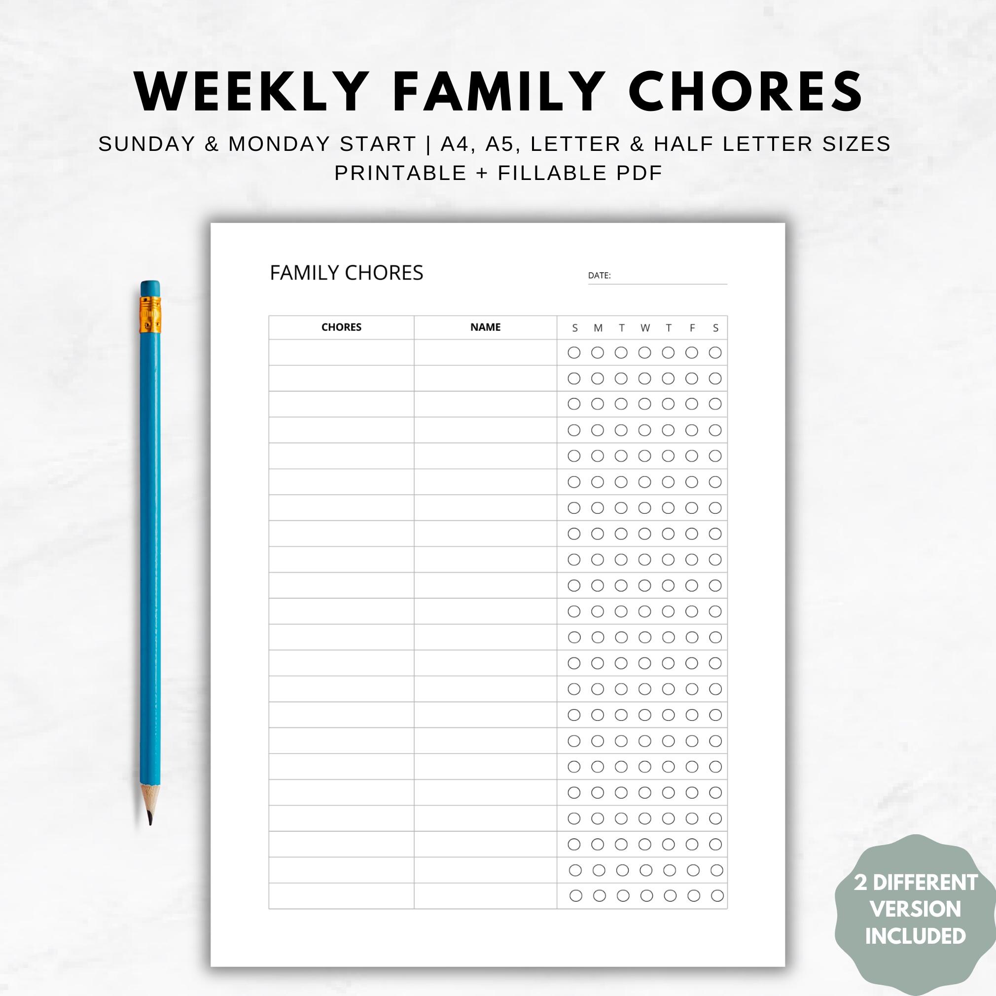 Weekly Family Chores, Printable House Responsibilities, Tasks for ...