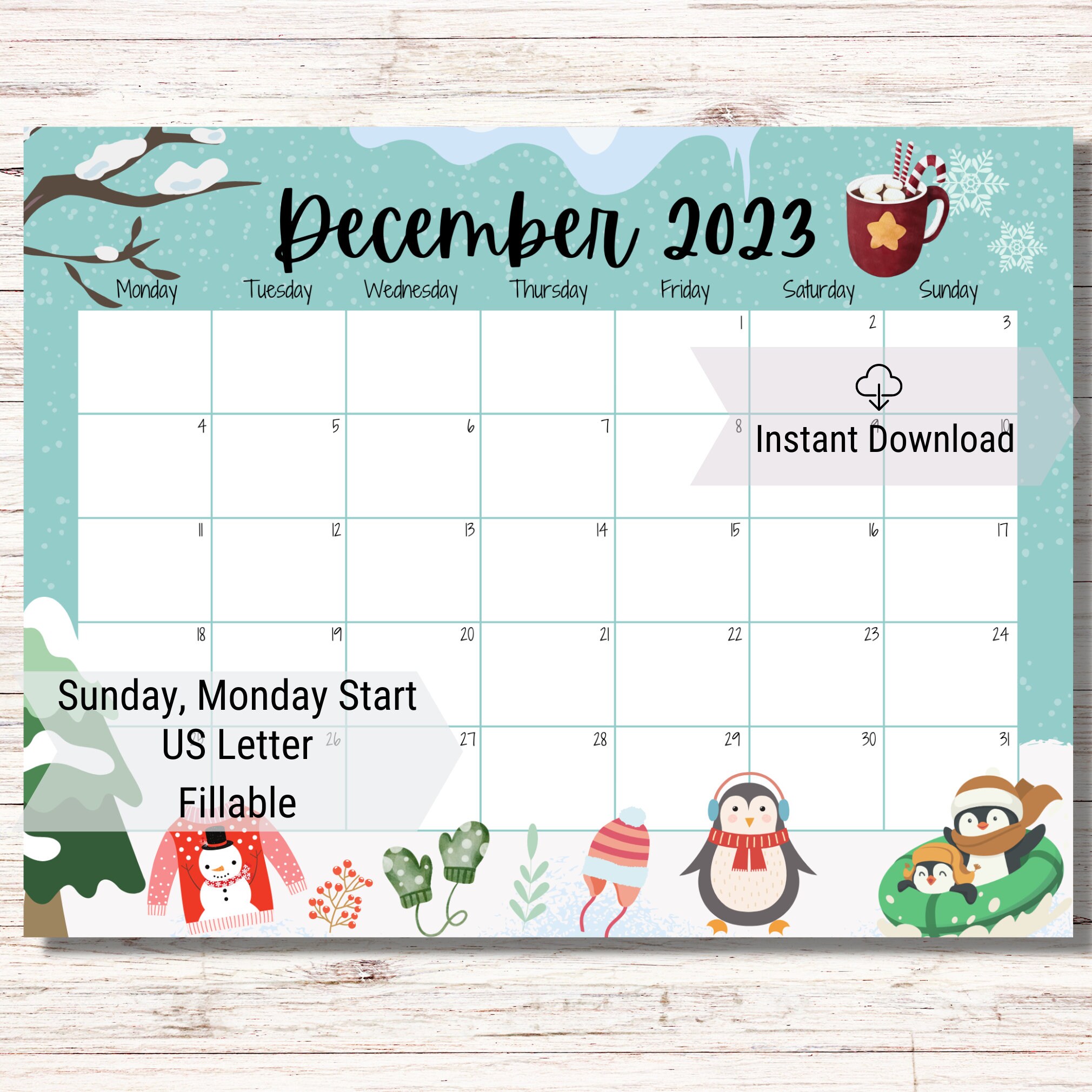 EDITABLE December 2023 Calendar, Cute Penguins, Beautiful Winter ...
