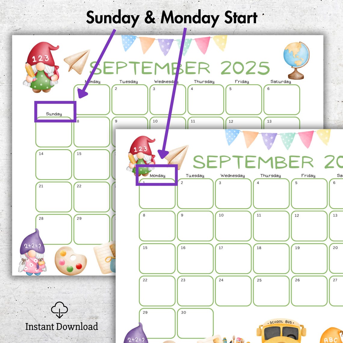 September 2025 Printable Calendar, Cute Gnome School Theme Planner ...