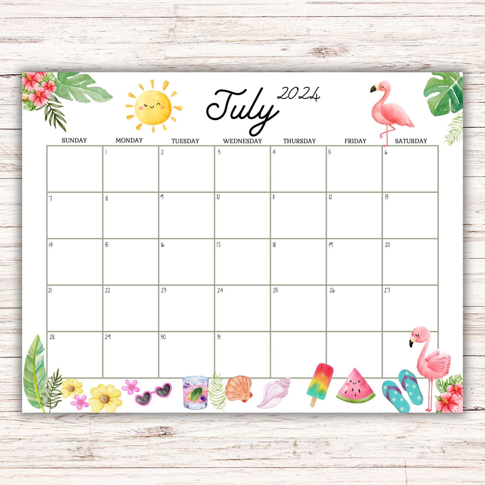 EDITABLE July 2024 Calendar, Beautiful Colorful Summer, Monthly Planner ...