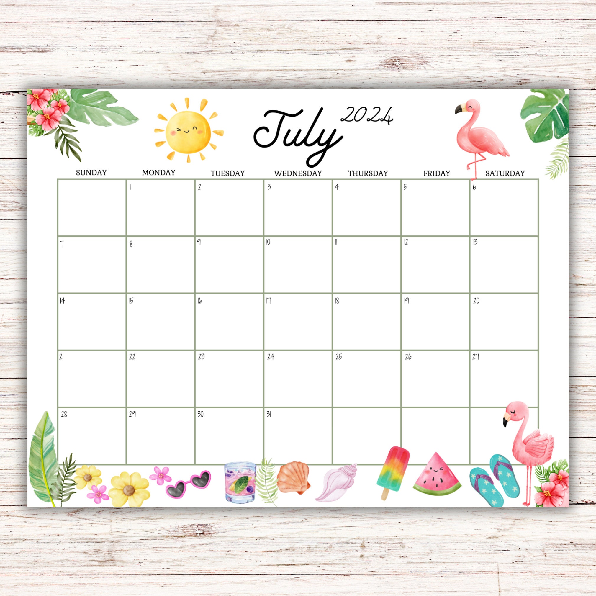 EDITABLE July 2024 Calendar, Beautiful Colorful Summer, Monthly Planner ...