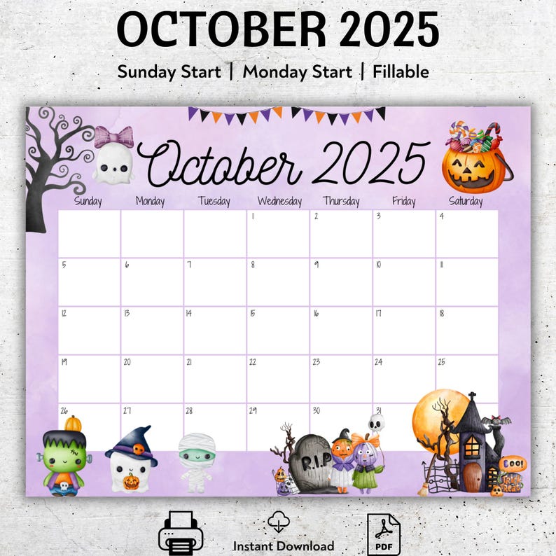 EDITABLE October 2025 Calendar, Happy Halloween, Pretty Ghost, Cute ...
