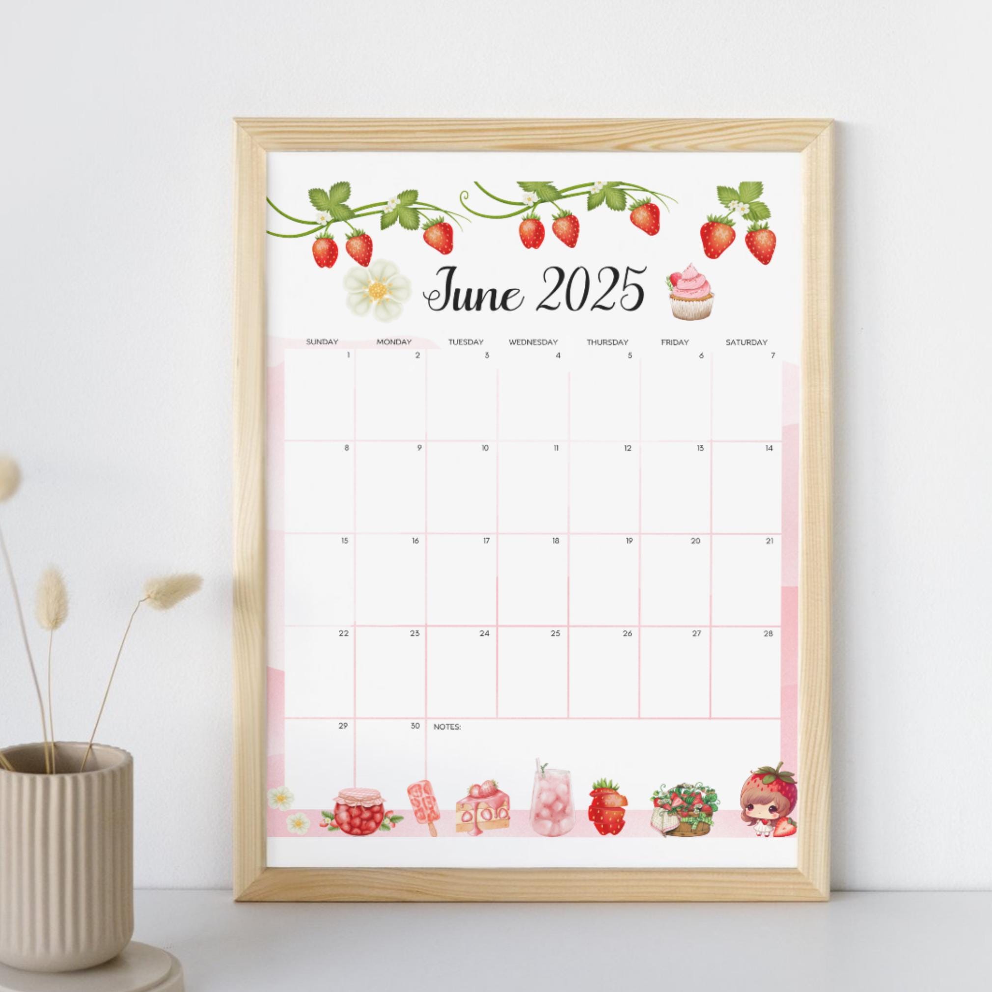 Strawberry-themed Printable June 2025 Calendar, US Letter Size, Sunday ...
