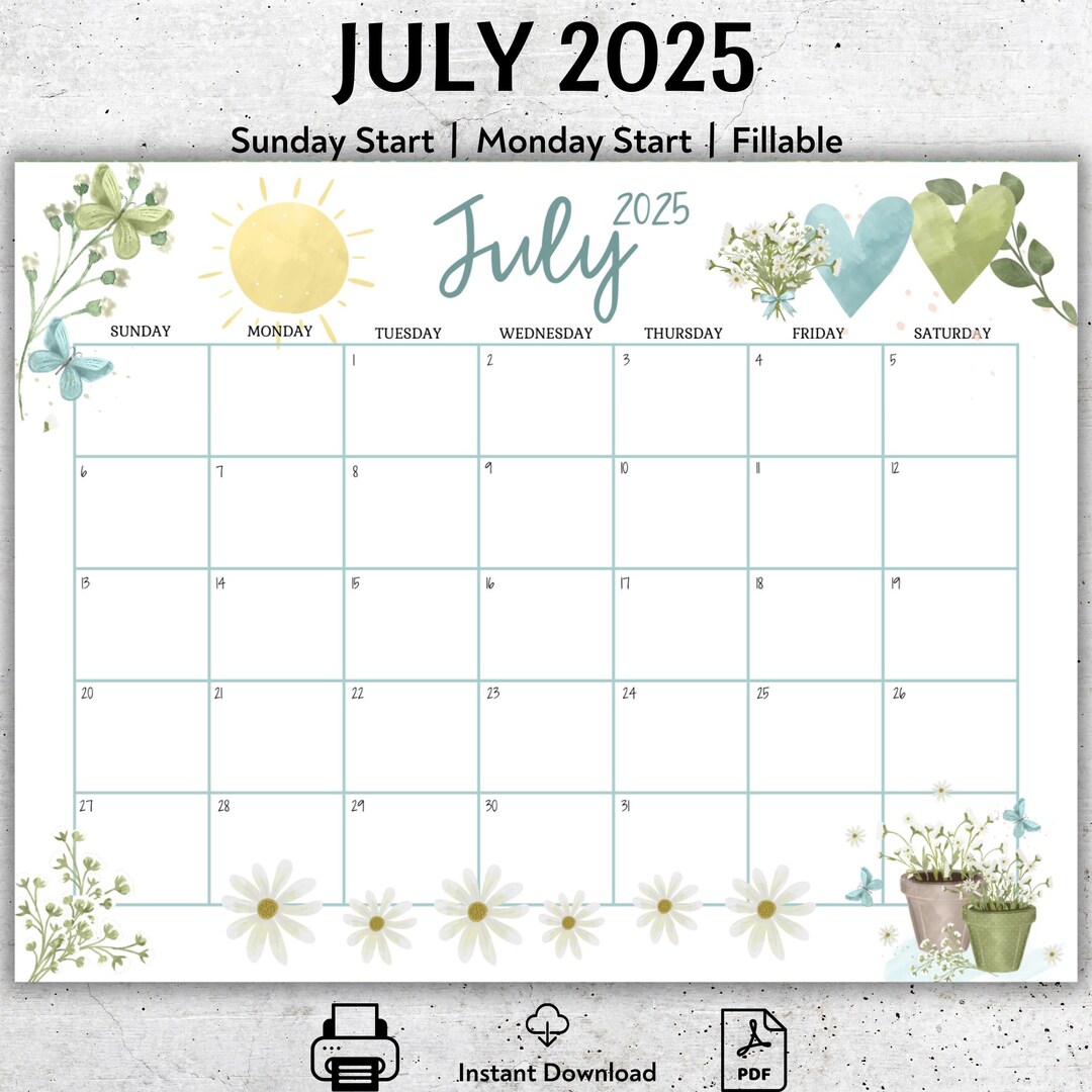 EDITABLE July 2025 Calendar, Beautiful Daisies, Garden Flower ...