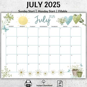 EDITABLE July 2025 Calendar, Beautiful Daisies, Garden Flower ...
