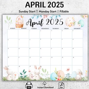 EDITABLE April 2025 Calendar, Happy Easter Day, Cute Bunnies, Printable ...