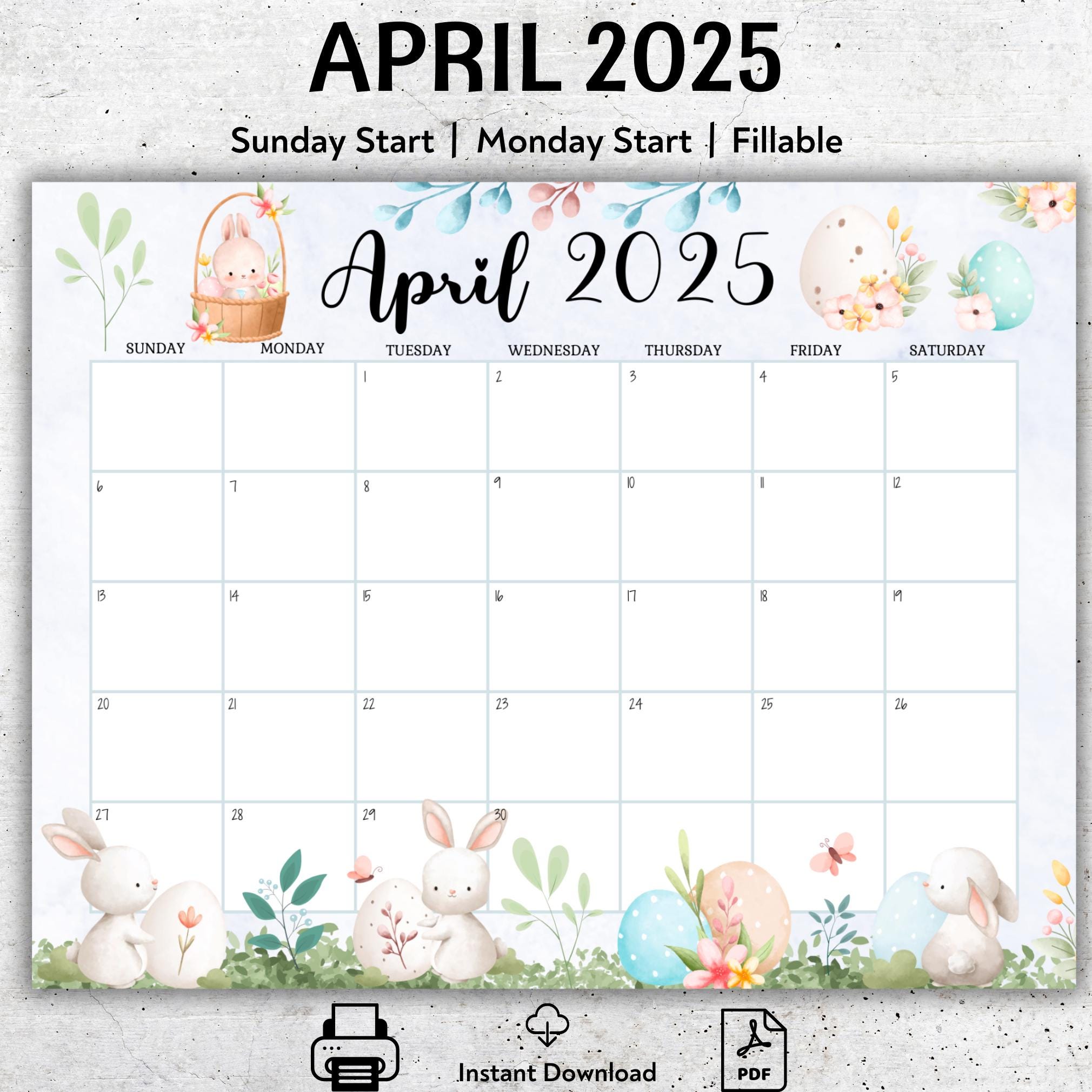 EDITABLE April 2025 Calendar, Happy Easter Day, Cute Bunnies, Printable ...