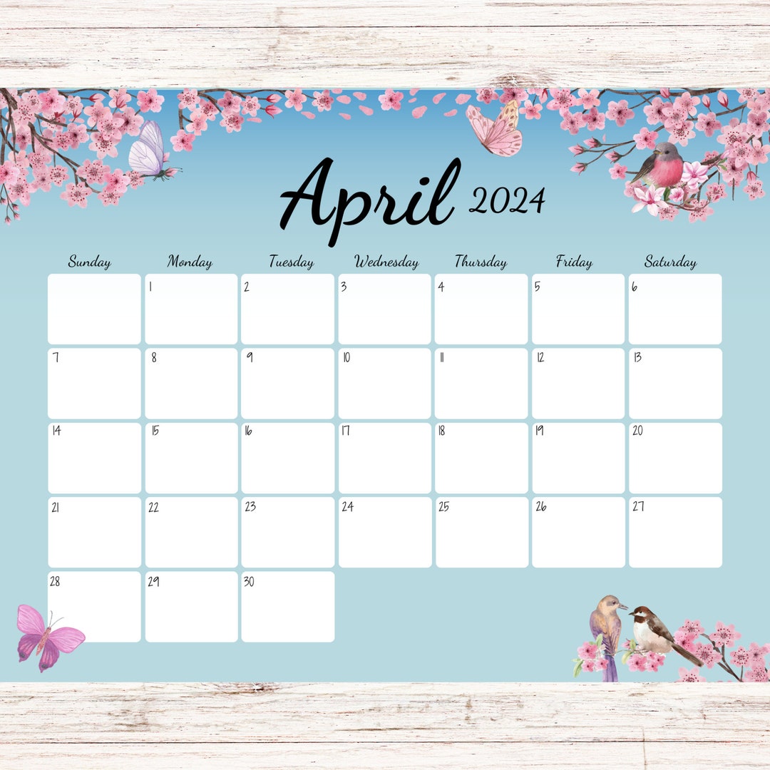 EDITABLE April 2024 Calendar, Beautiful Spring, Cherry Blossom, Cute ...