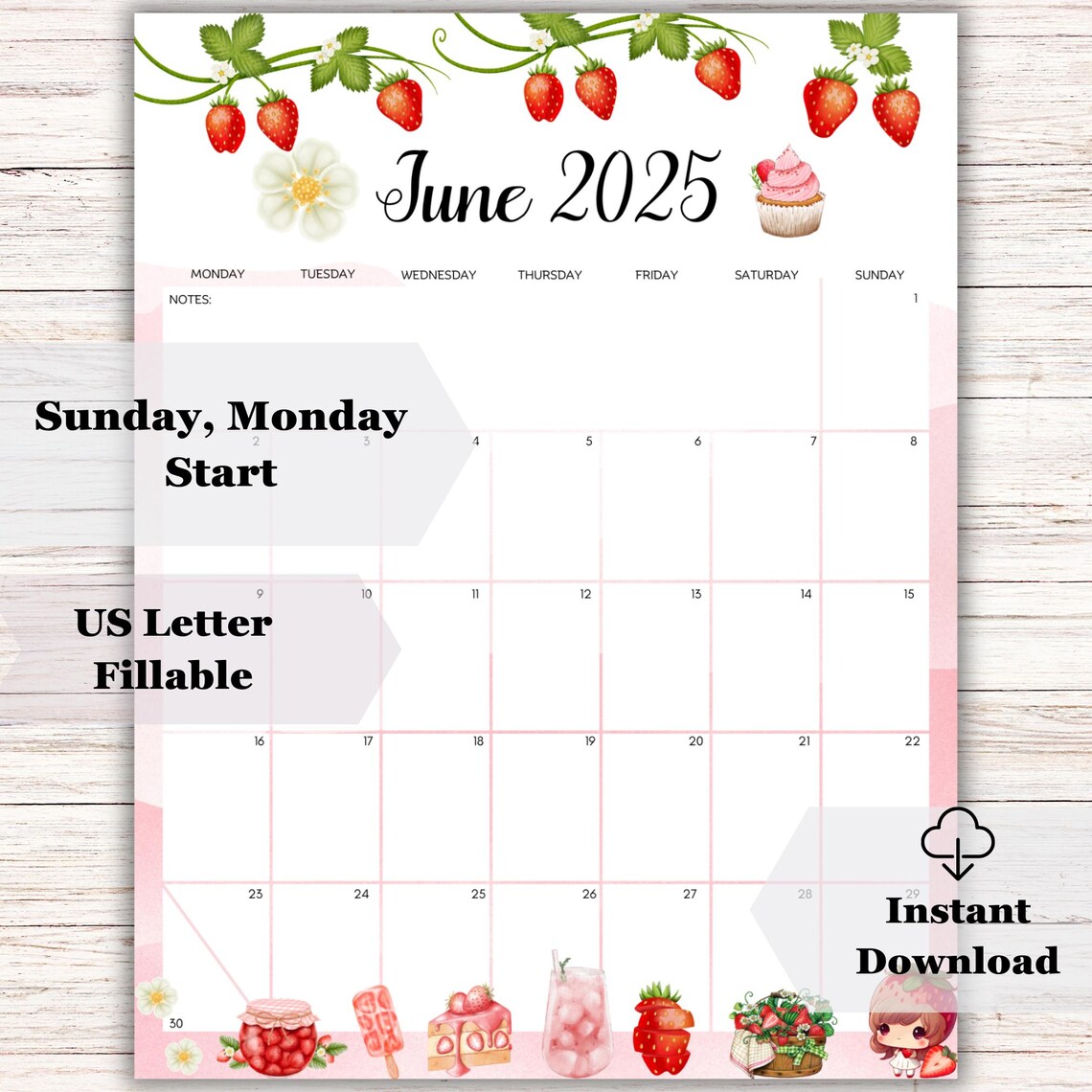 Strawberry-themed Printable June 2025 Calendar, US Letter Size, Sunday ...