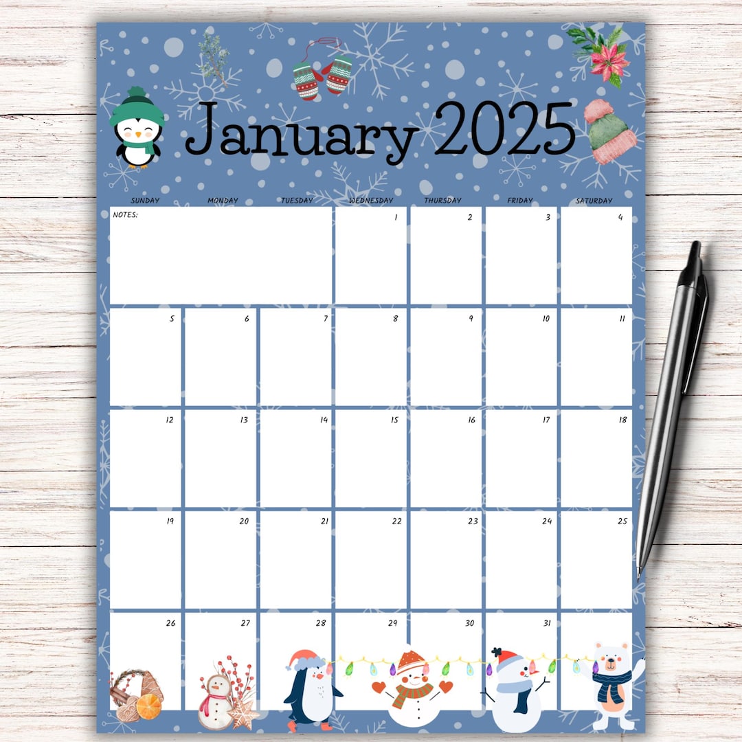 EDITABLE January 2025 Calendar, Beautiful Winter, Snowmen and Penguins ...