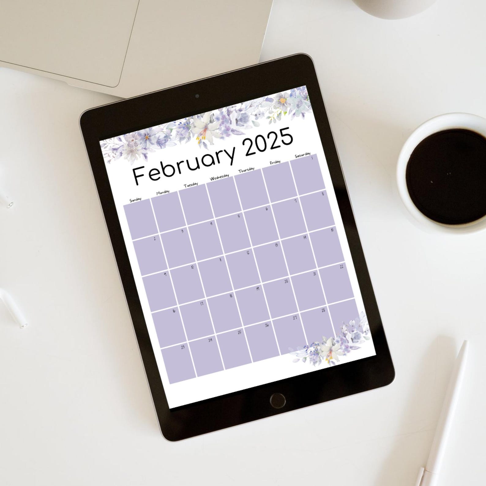 EDITABLE February 2025 Calendar, Beautiful Purple Flowers, Winter ...