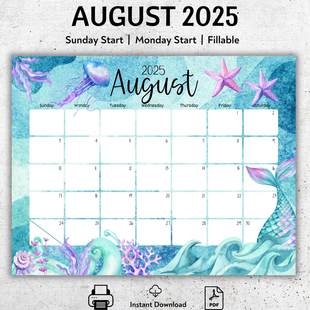EDITABLE August 2025 Calendar, Beautiful Blue Sea, Starfish, Jellyfish ...