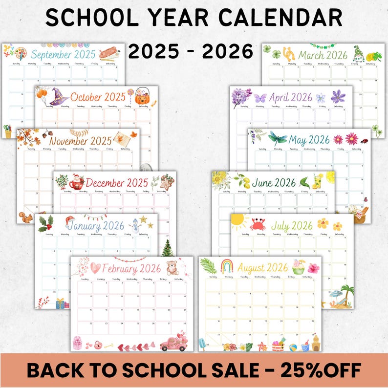 2025–2026 School Year Calendar Printable Fillable PDF | September to ...