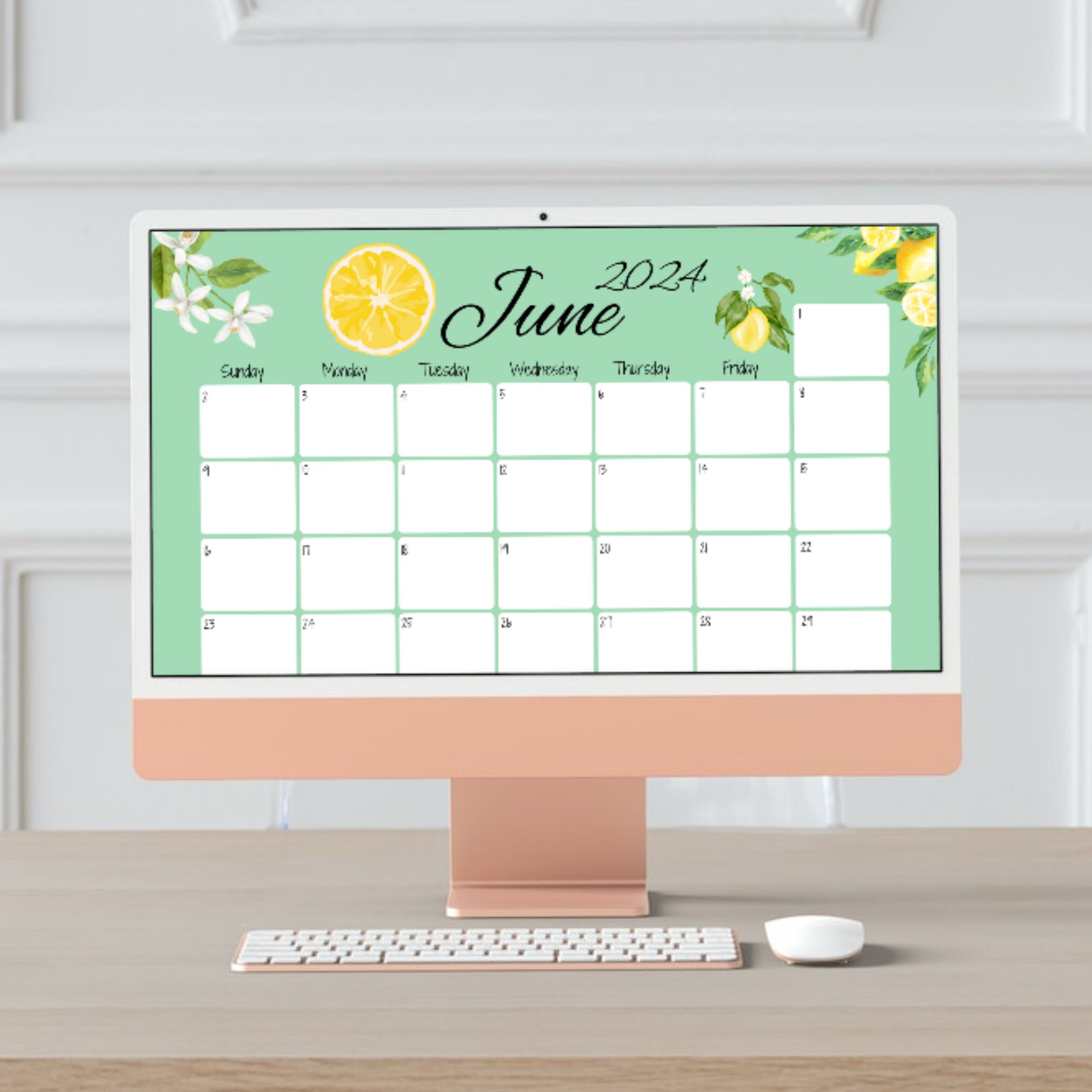 EDITABLE June 2024 Calendar, Yellow Lemons, Delicious Ice Creams, Green ...