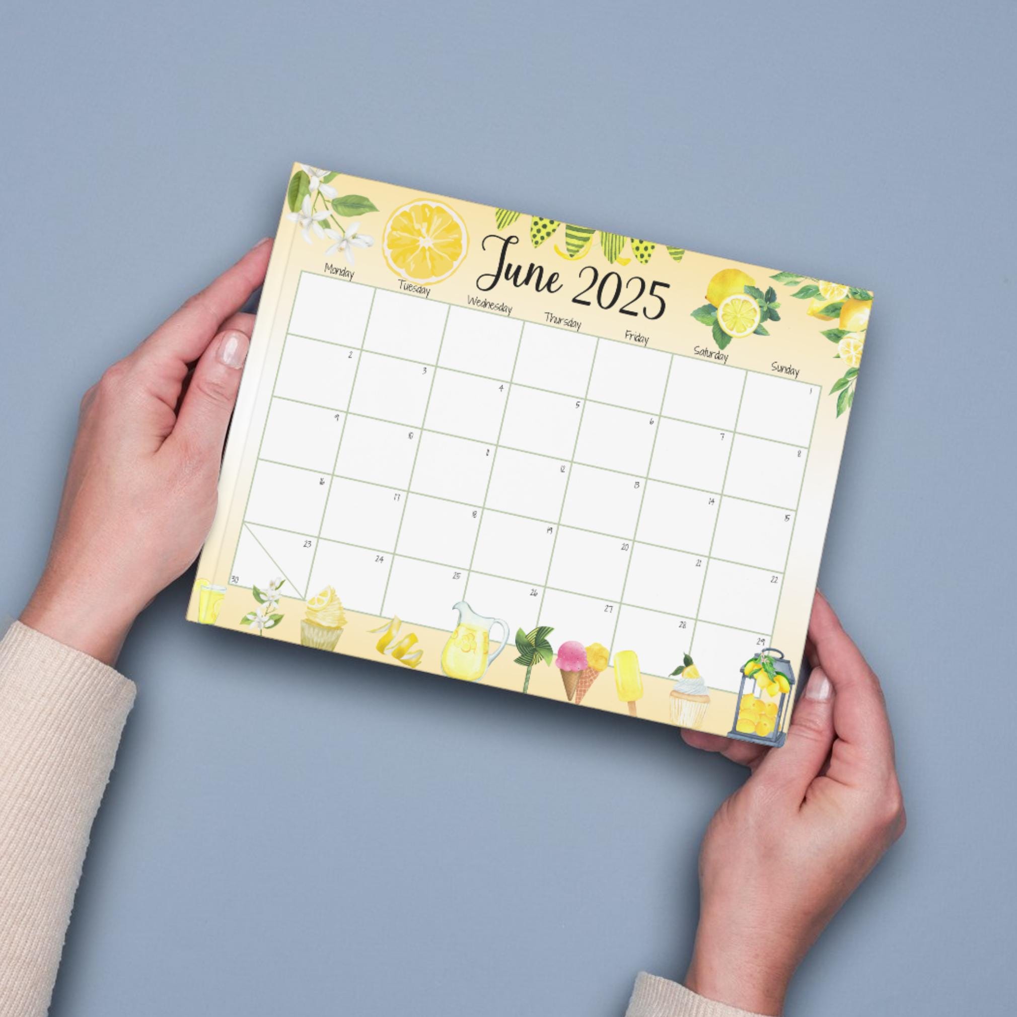 EDITABLE June 2025 Calendar, Yellow Lemons, Delicious Ice Creams ...